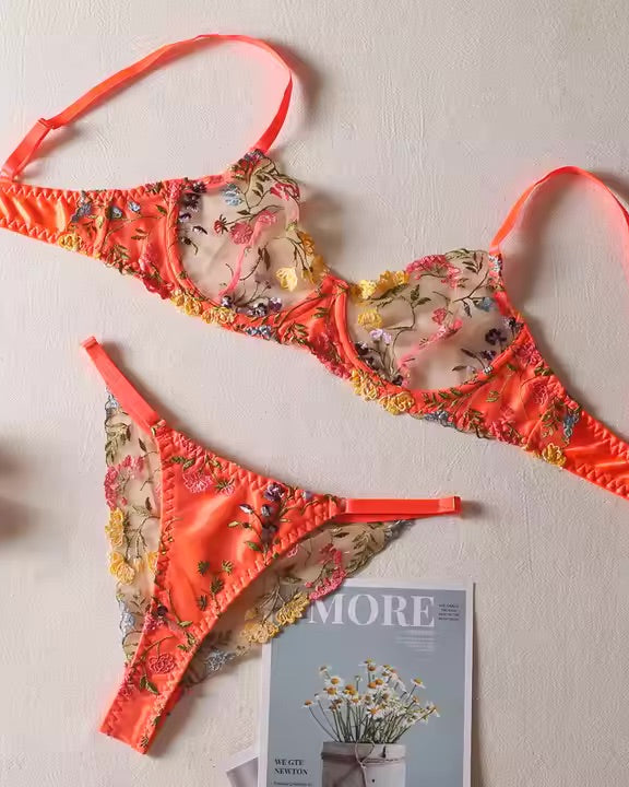 Bra and G'String Lingerie Set - Orange Floral Lace